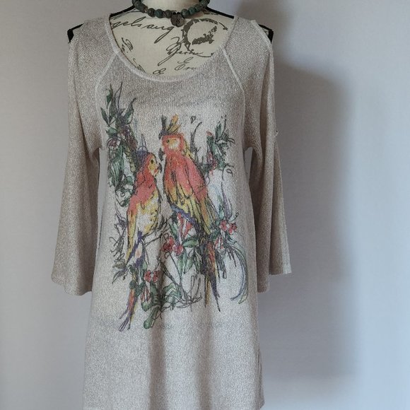 Inoah | Tops | Inoah Bird Paint Knit Tunic Top Cold Shoulder 34 Bell ...